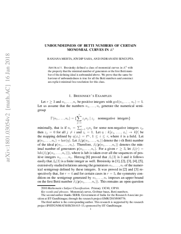 (PDF) Betti numbers of Bresinsky's curves in A^4 | Joydip Saha ...