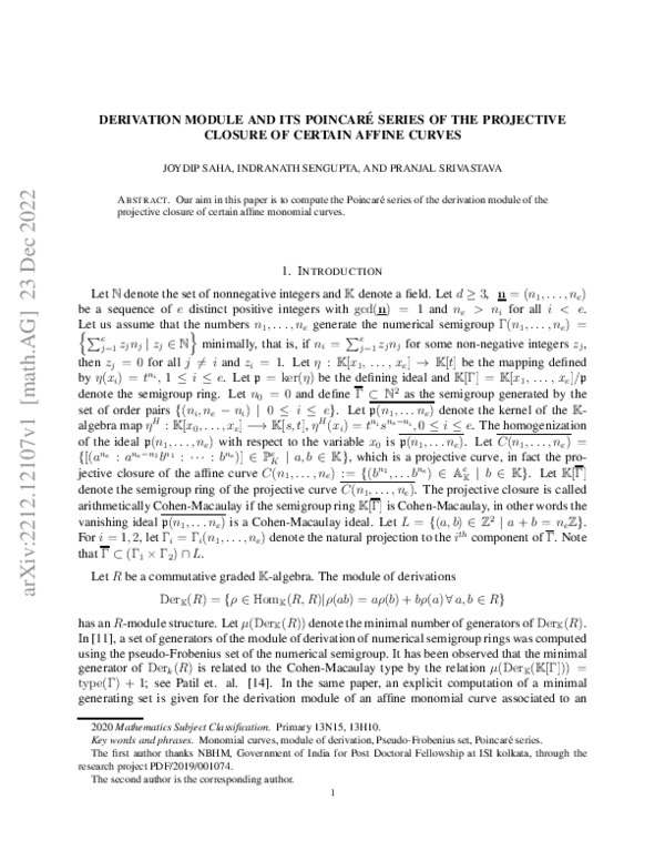 (PDF) Derivation module and its Poincar\'{e} series of the projective closure of certain affine ...