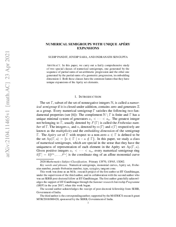 (PDF) Numerical semigroups with unique Apéry expansions