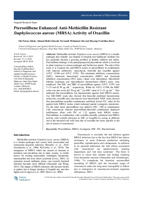 (PDF) Pterostilbene Enhanced Anti-Methicillin Resistant Staphylococcus aureus (MRSA) Activity of ...