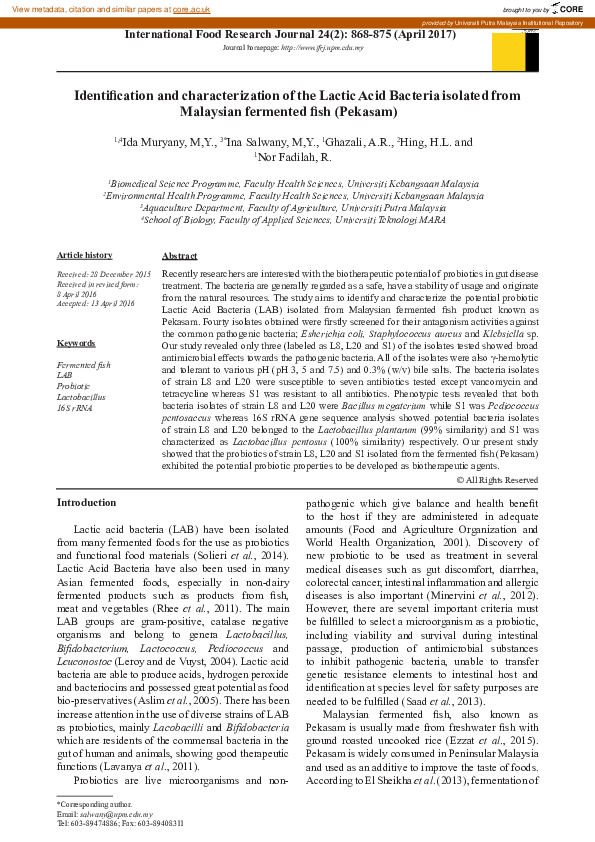 (PDF) Identification and characterization of the lactic acid bacteria ...