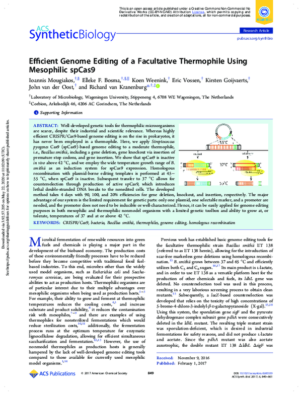 (PDF) Efficient Genome Editing of a Facultative Thermophile Using Mesophilic spCas9