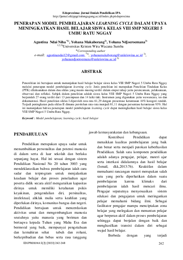 (PDF) Penerapan Model Pembelajaran Learning Cycle Dalam Upaya Meningkatkan Hasil Belajar Siswa ...
