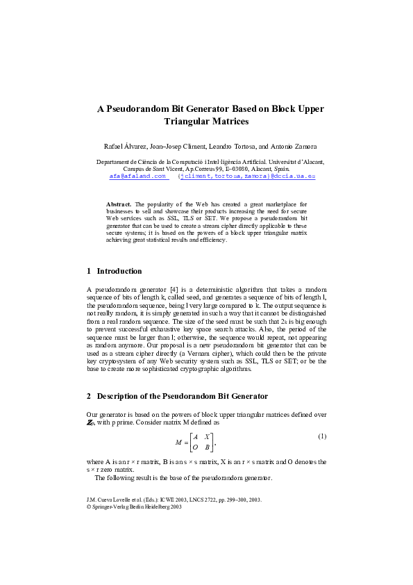 (PDF) A Pseudorandom Bit Generator Based on Block Upper Triangular Matrices