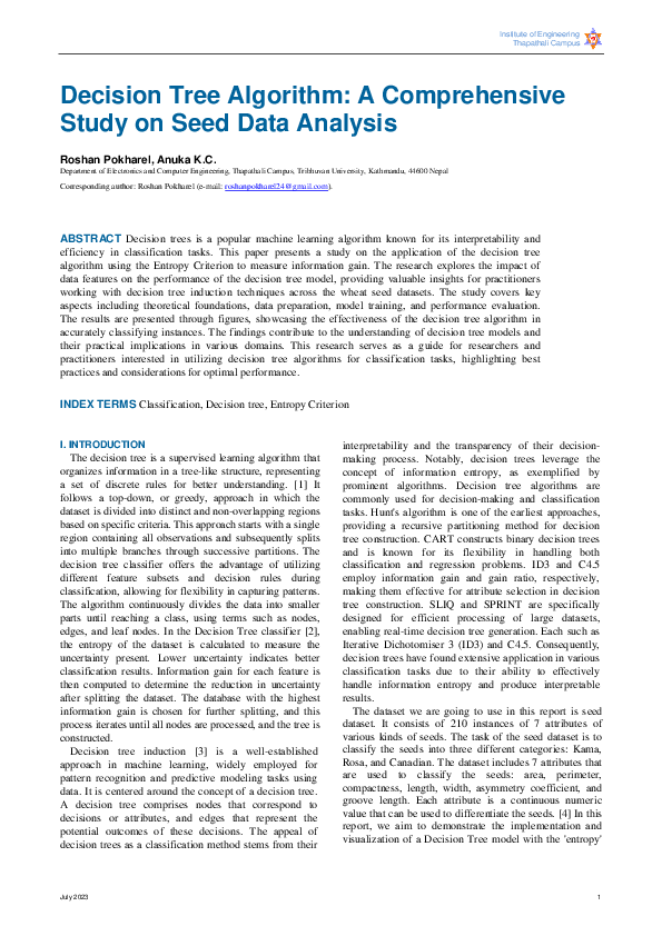 (PDF) Decision Tree Algorithm: A Comprehensive Study on Seed Data Analysis