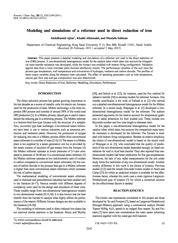 (PDF) Modeling and simulations of a reformer used in direct reduction ...