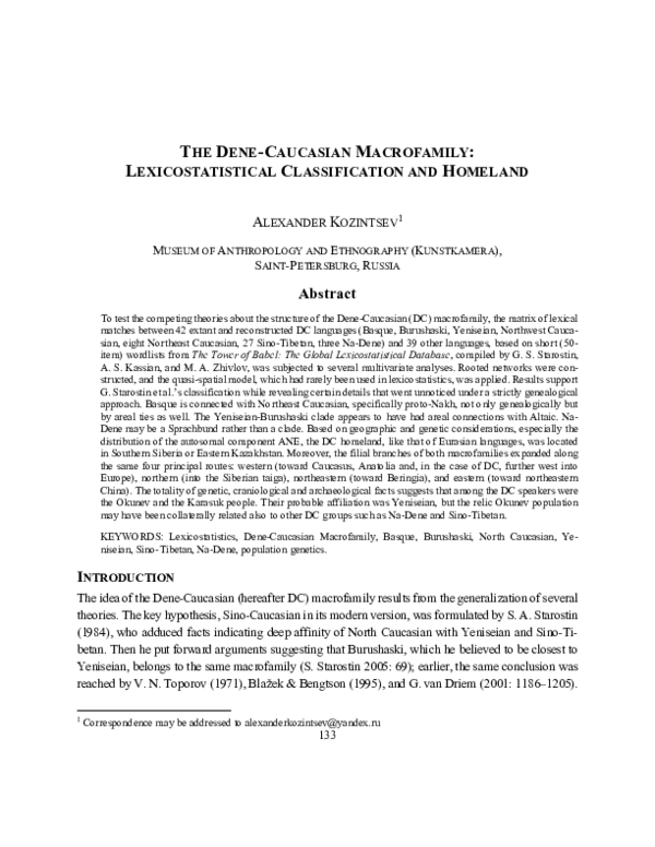 (PDF) THE DENE-CAUCASIAN MACROFAMILY: LEXICOSTATISTICAL CLASSIFICATION ...