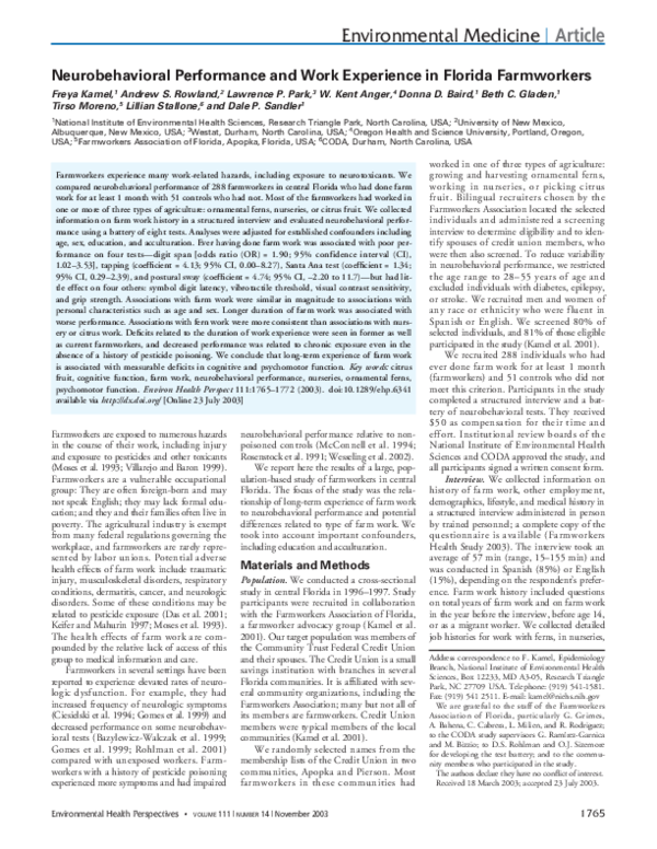 (PDF) Neurobehavioral performance and work experience in Florida ...