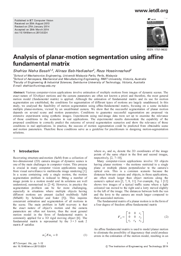 Pdf Analysis Of Planar‐motion Segmentation Using Affine Fundamental