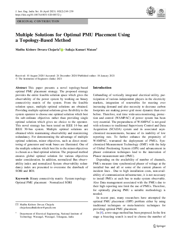 (PDF) Multiple Solutions for Optimal PMU Placement Using a Topology-Based Method