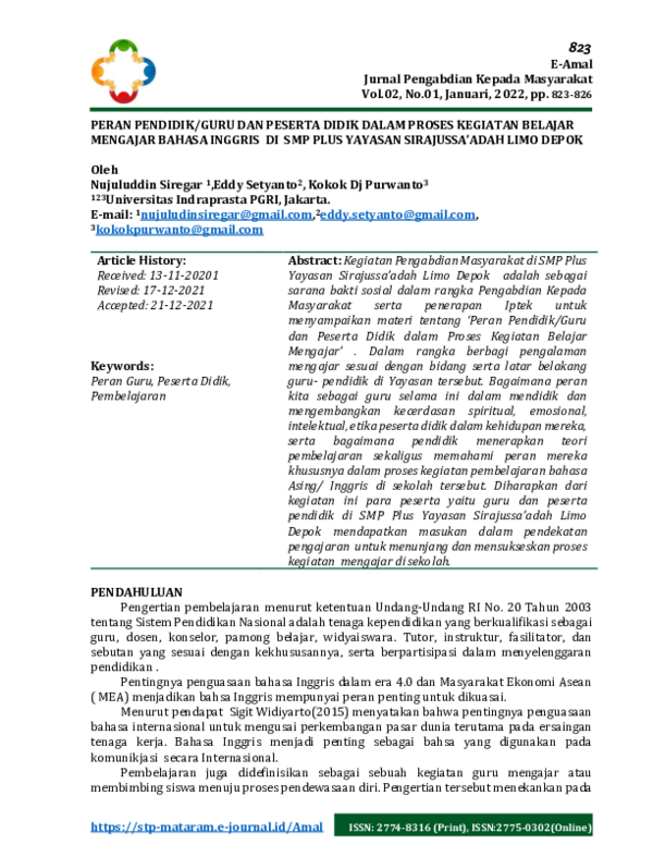 (PDF) Peran Pendidik/Guru dan Peserta Didik dalam Proses Kegiatan ...