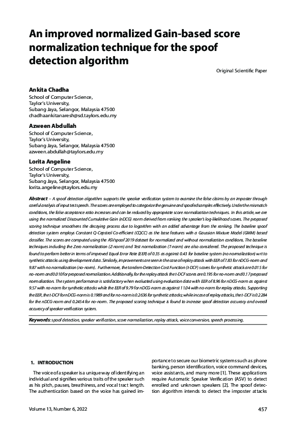 Pdf An Improved Normalized Gain Based Score Normalization Technique For Spoof Detection Algorithm