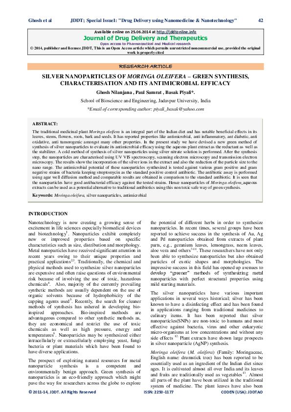 (PDF) Silver Nanoparticles of Moringa Oleifera – Green Synthesis,Characterisation and Its ...