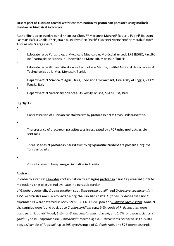 (PDF) First report of Tunisian coastal water contamination by protozoan ...