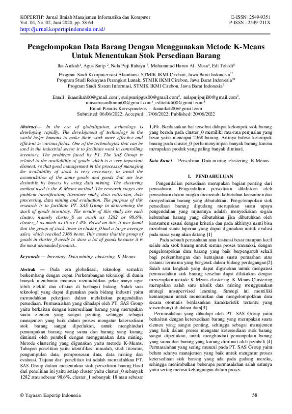 (PDF) Pengelompokan Data Barang Dengan Menggunakan Metode K-Means Untuk ...