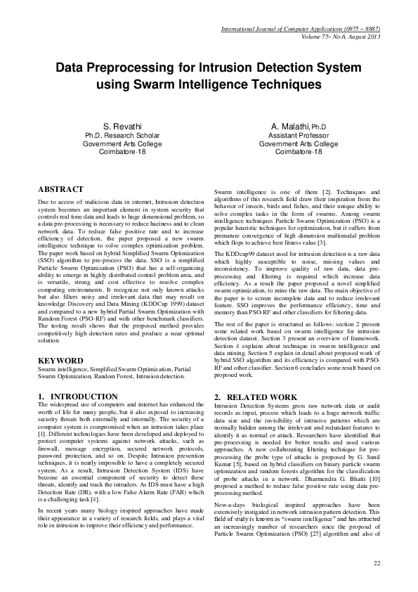 (PDF) Data Preprocessing for Intrusion Detection System using Swarm Intelligence Techniques