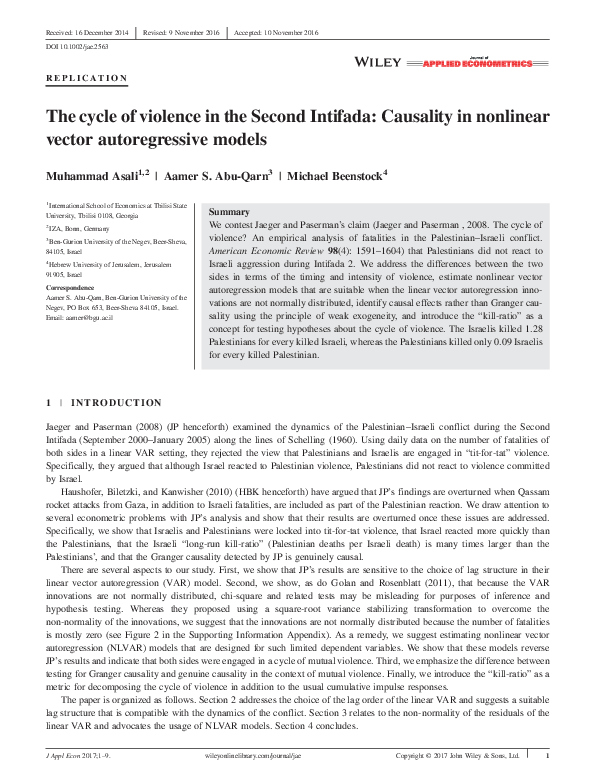(PDF) The cycle of violence in the Second Intifada: Causality in ...