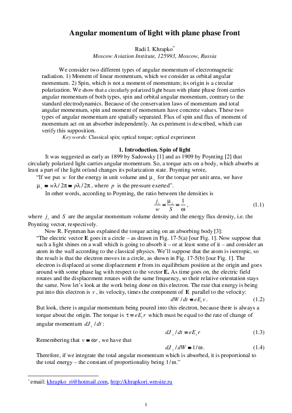 (PDF) Angular Momentum of Light with Plane Phase Front