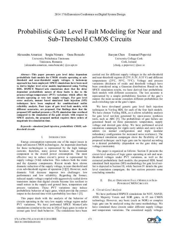 (PDF) Probabilistic Gate Level Fault Modeling for Near and Sub-Threshold CMOS Circuits
