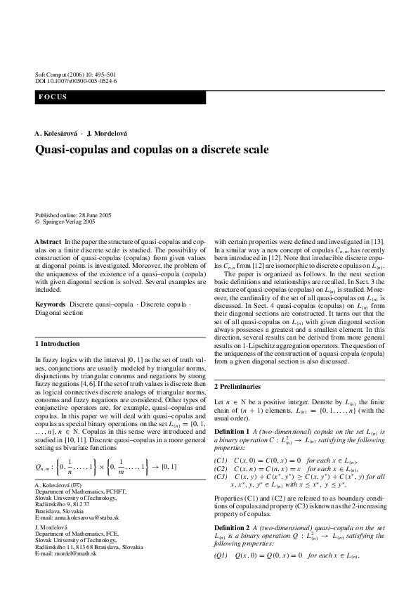 (PDF) Quasi-copulas and copulas on a discrete scale