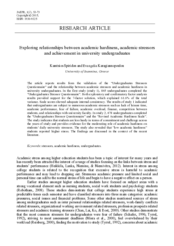 (PDF) Exploring relationships between academic hardiness and academic sterssors in university ...