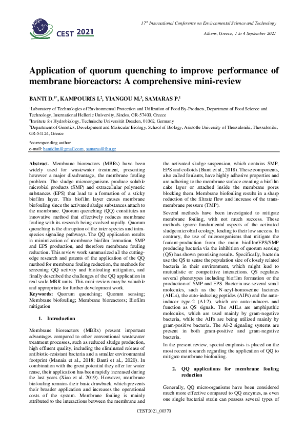 (PDF) Application of quorum quenching to improve performance of membrane bioreactors: A ...