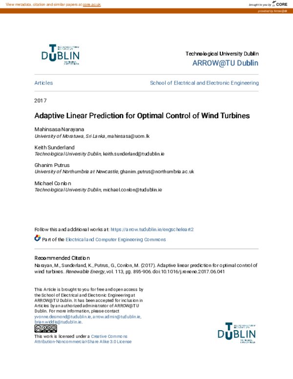 (PDF) Adaptive linear prediction for optimal control of wind turbines