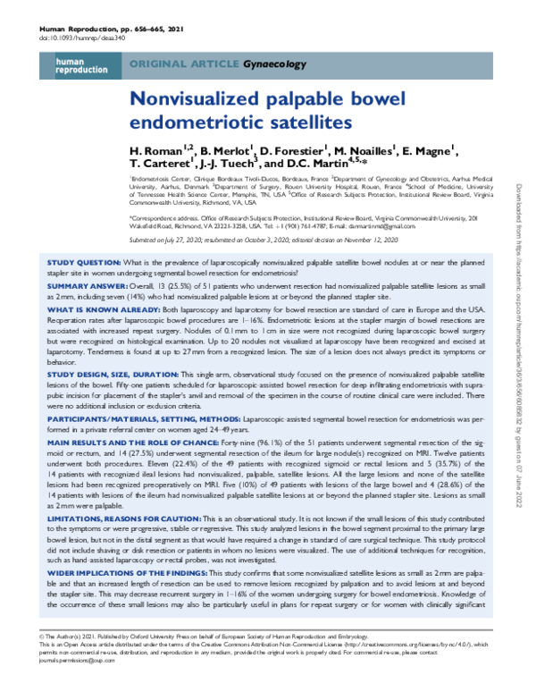 (PDF) Nonvisualized palpable bowel endometriotic satellites | Eric ...