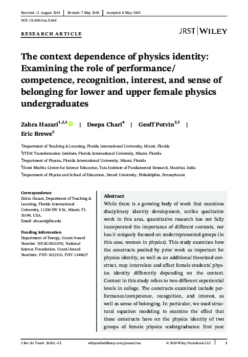 (PDF) The context dependence of physics identity: Examining the role of ...