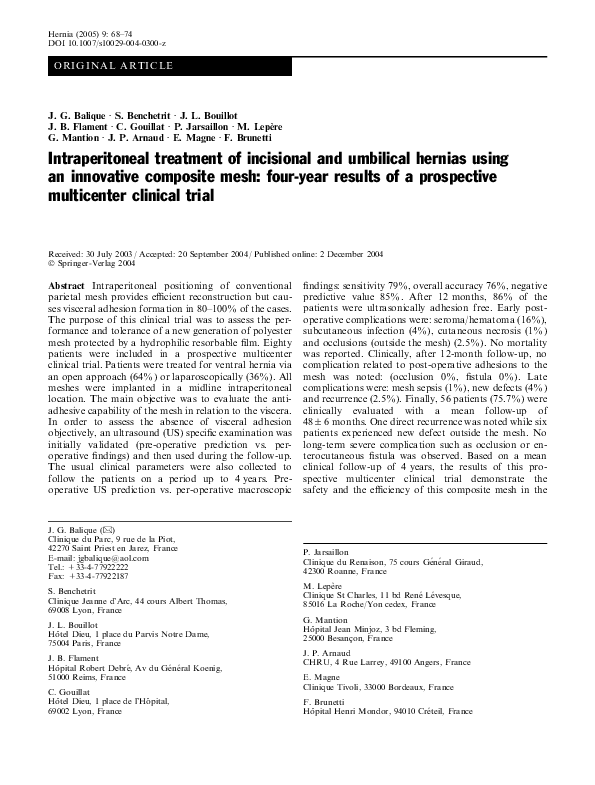 (PDF) Intraperitoneal treatment of incisional and umbilical hernias ...