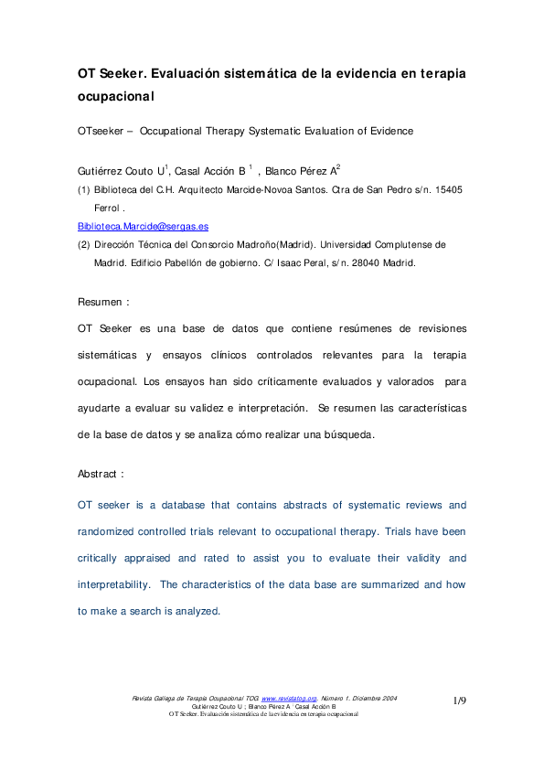 (PDF) OTseeker. Occupational Therapy Systematic Evaluation of Evidence ...