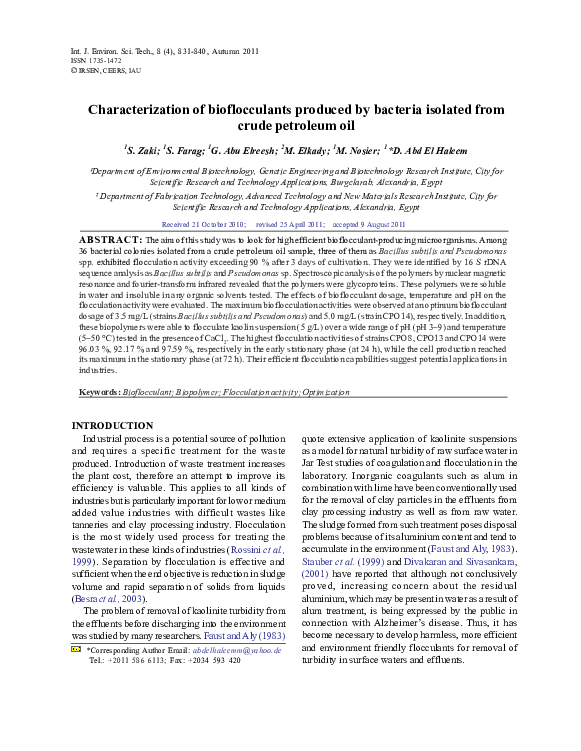 (PDF) Characterization of bioflocculants produced by bacteria isolated ...
