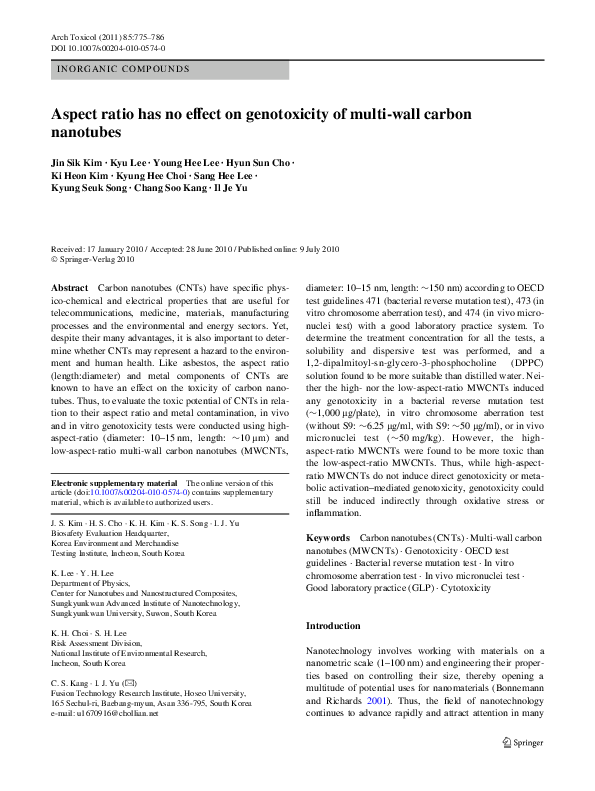 (PDF) Aspect ratio has no effect on genotoxicity of multi-wall carbon nanotubes