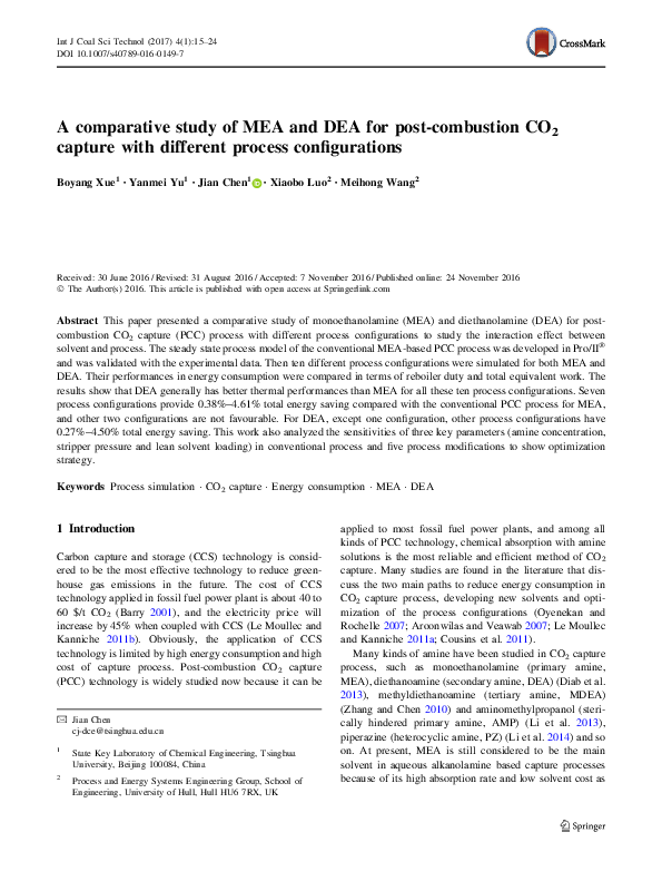(PDF) A comparative study of MEA and DEA for post-combustion CO2 ...