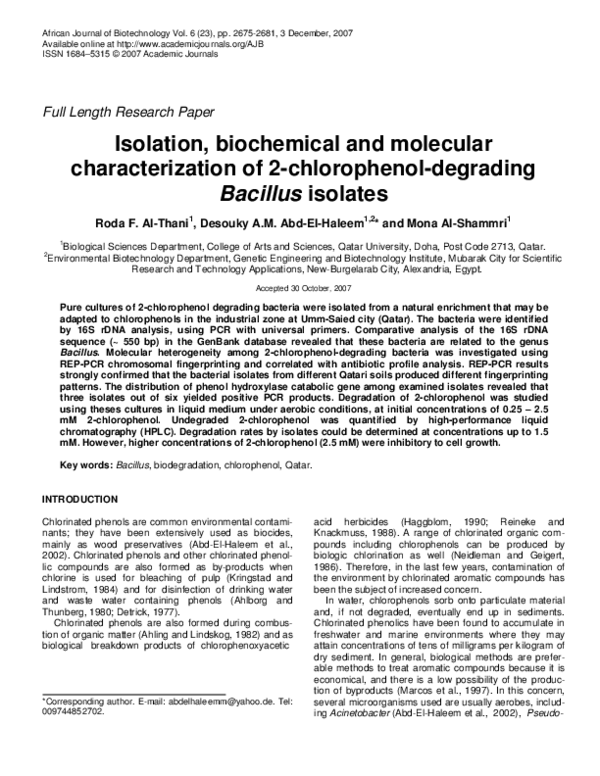 (PDF) Isolation, biochemical and molecular characterization of 2-chlorophenol-degrading Bacillus ...