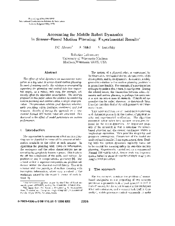 (PDF) Accounting for mobile robot dynamics in sensor-based motion planning: experimental results ...