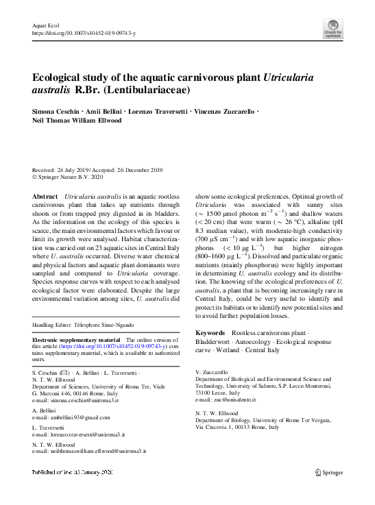 (PDF) Ecological study of the aquatic carnivorous plant Utricularia ...
