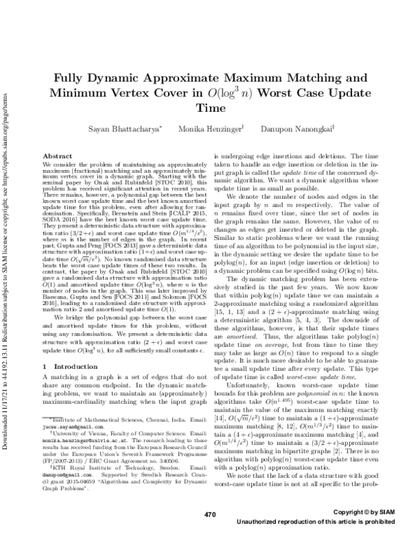 (PDF) Fully Dynamic Approximate Maximum Matching and Minimum Vertex Cover in O(log3 n) Worst ...