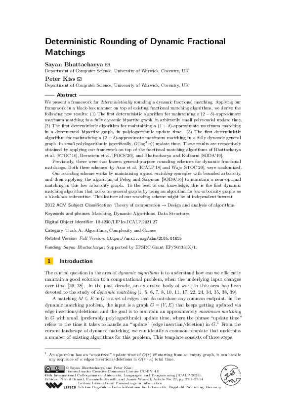 (PDF) Deterministic Rounding of Dynamic Fractional Matchings | Sayan Bhattacharya - Academia.edu