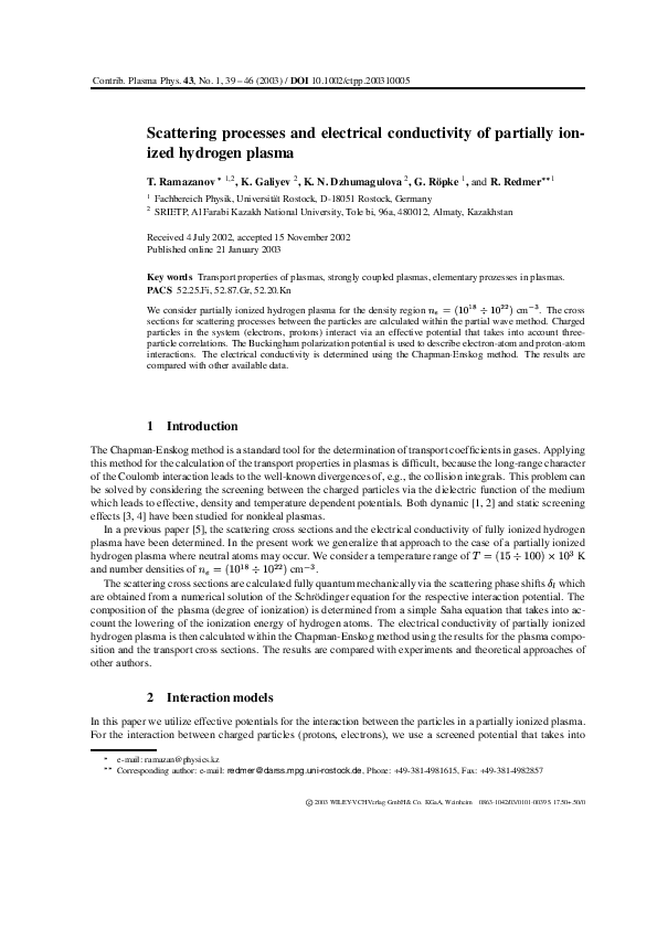 (PDF) Scattering processes and electrical conductivity of partially ionized hydrogen plasma