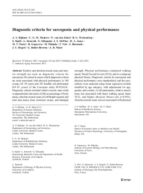 (PDF) Diagnostic criteria for sarcopenia and physical performance