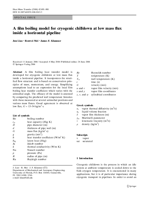 (PDF) A film boiling model for cryogenic chilldown at low mass flux inside a horizontal pipeline