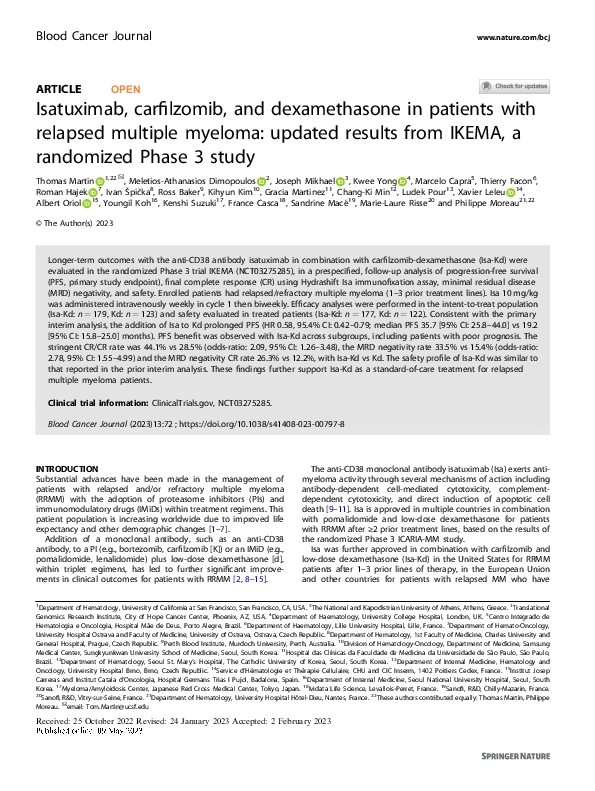(PDF) Isatuximab, carfilzomib, and dexamethasone in patients with relapsed multiple myeloma ...