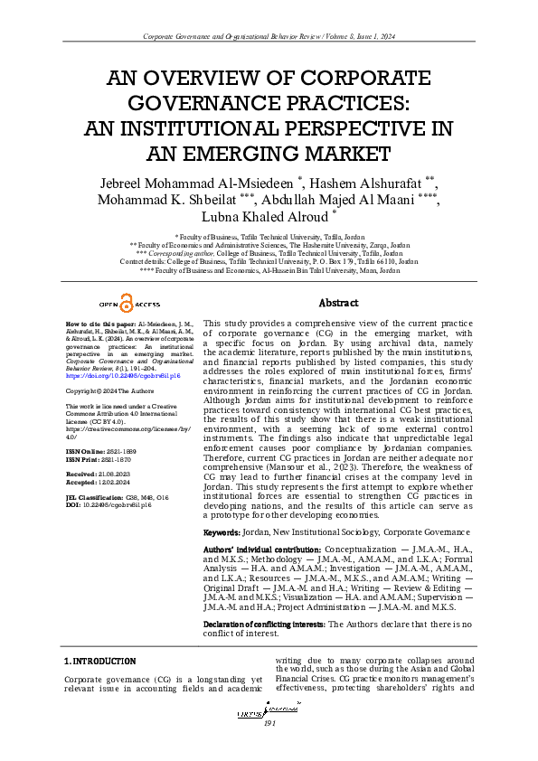 (PDF) AN OVERVIEW OF CORPORATE GOVERNANCE PRACTICES: AN INSTITUTIONAL PERSPECTIVE IN AN EMERGING ...