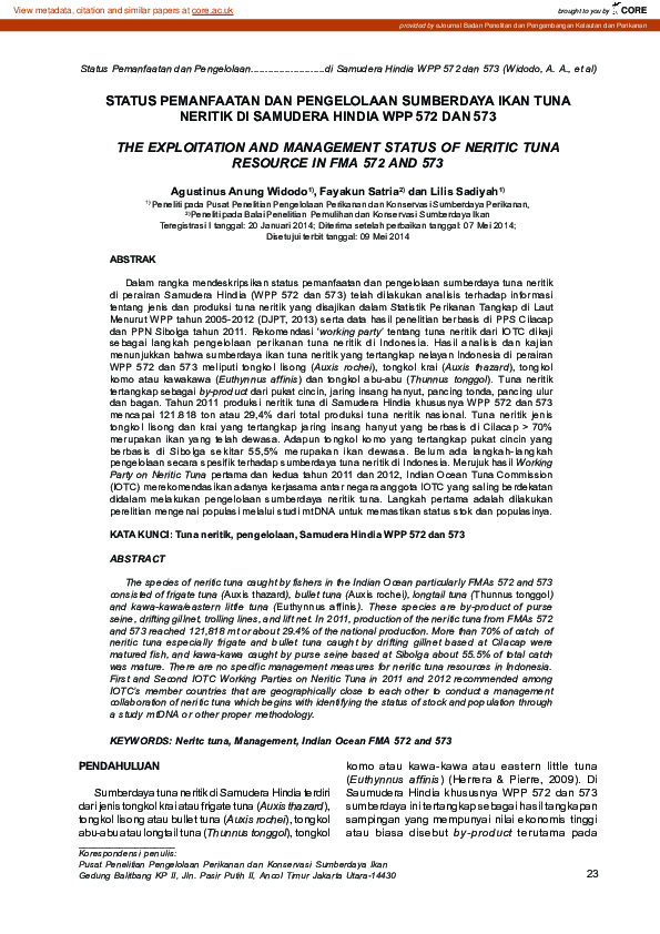 (PDF) Status Pemanfaatan Dan Pengelolaan Sumberdaya Ikan Tuna Neritik ...