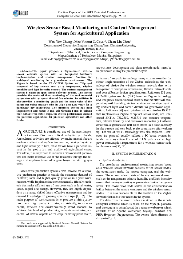 (PDF) Wireless Sensor Based Monitoring and Content Management System for Agricultural Application