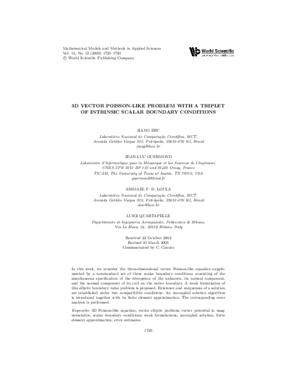 (PDF) 3D Vector Poisson-Like Problem with a Triplet of Intrinsic Scalar ...