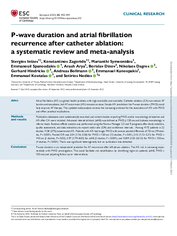 (PDF) P-wave duration and atrial fibrillation recurrence after catheter ablation: a systematic ...