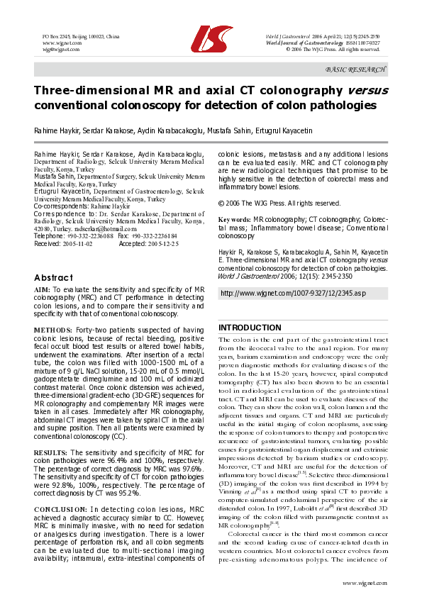 (PDF) Three-dimensional MR and axial CT colonography versus conventional colonoscopy for ...