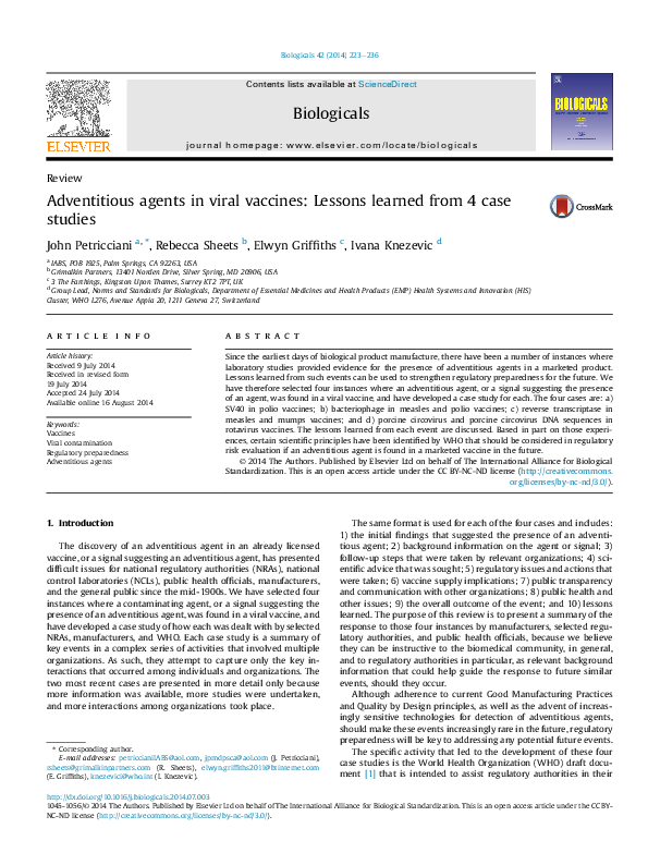 (PDF) Adventitious agents in viral vaccines: Lessons learned from 4 ...